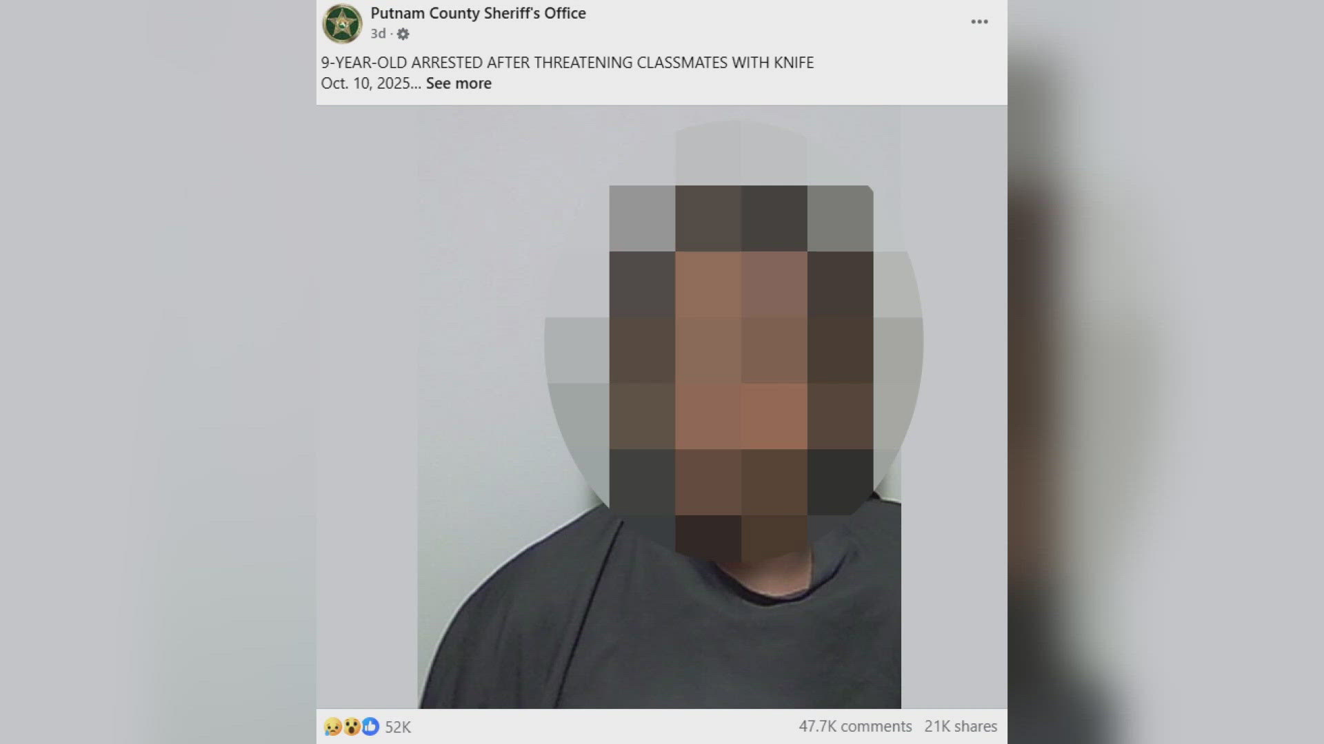 Florida sheriff posts 9-year-old's mugshot on Facebook | wtsp.com