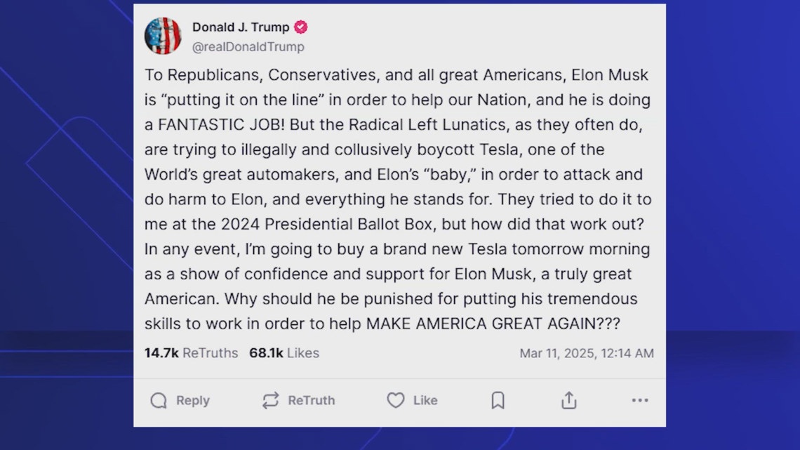 Trump calls Tesla boycott 'illegal,' selects new Tesla to buy on White ...