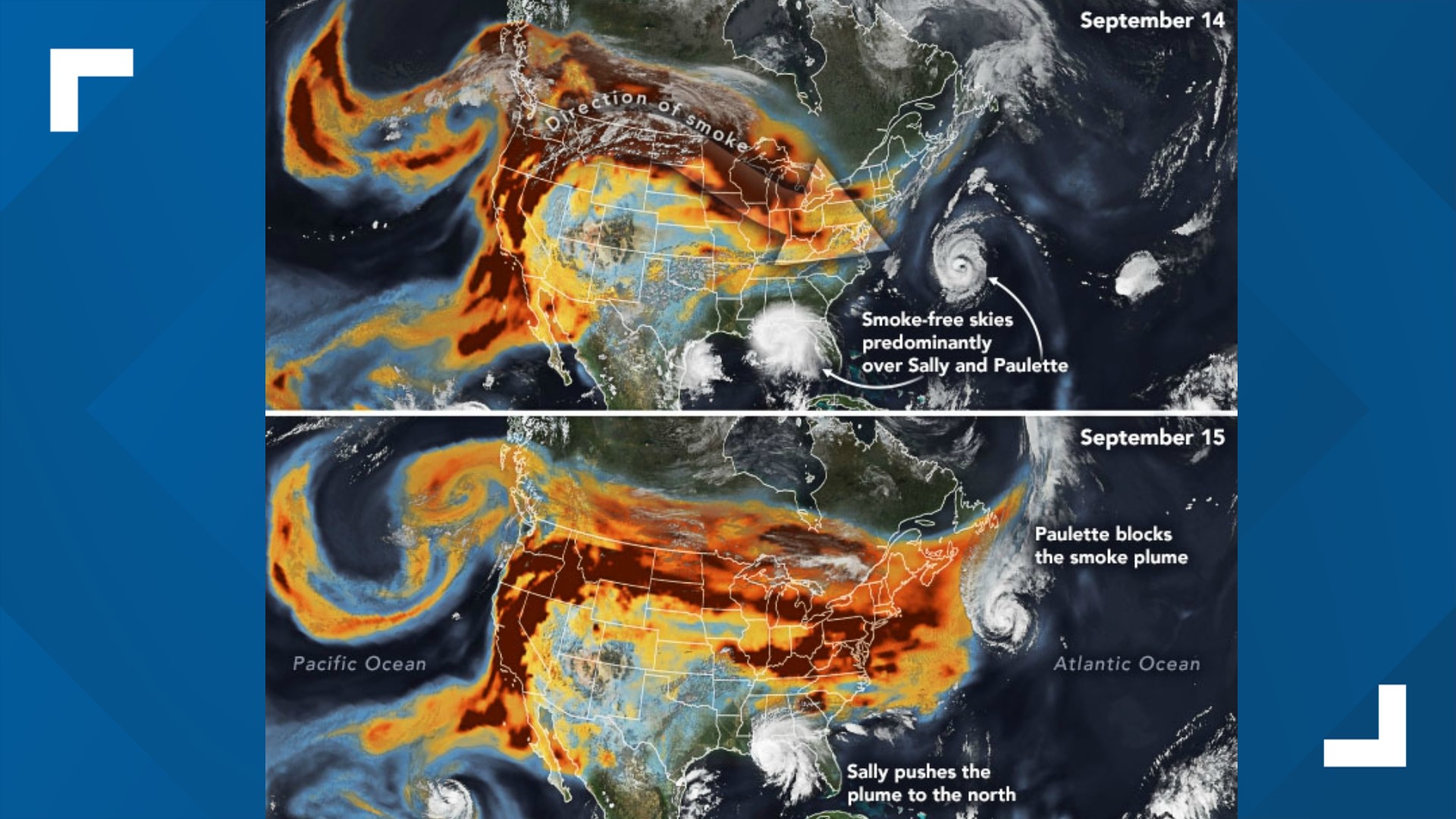 NASA: Wildfire smoke, hurricanes collide in satellite images | wtsp.com