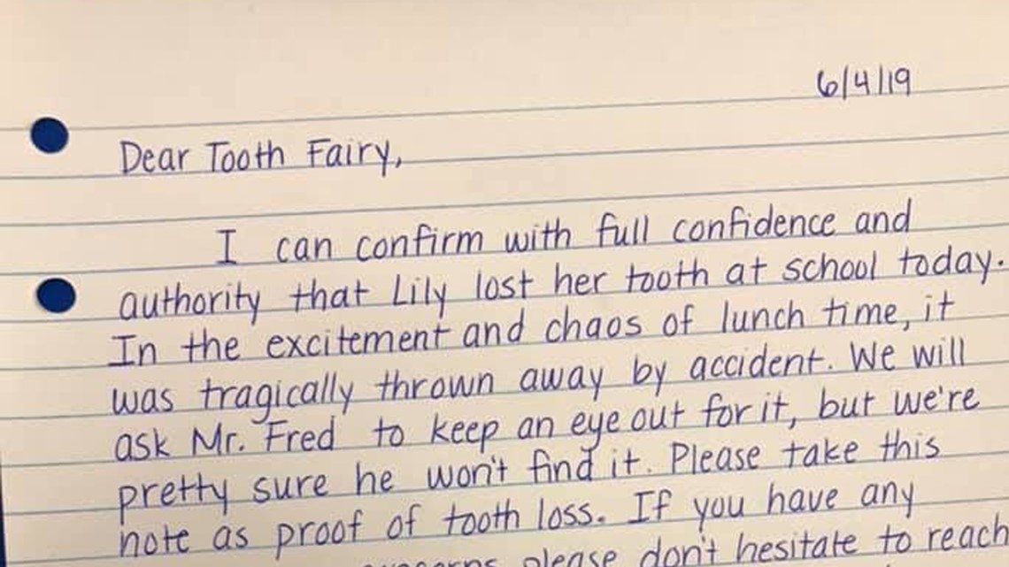 Teacher writes letter to Tooth Fairy after student's tooth is lost ...