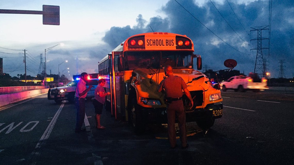 4 high school students hospitalized when school bus crashes into ...