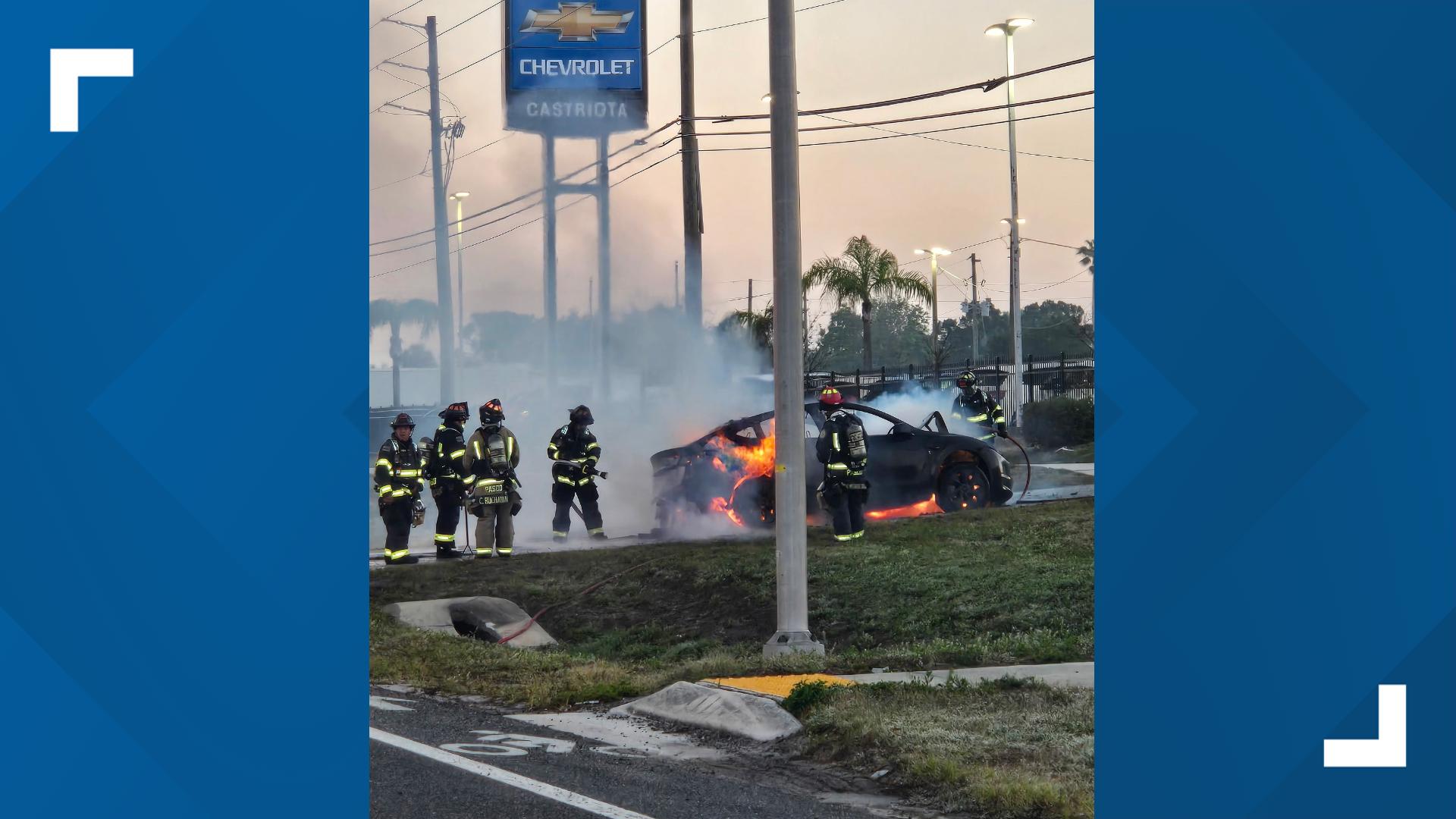 Tesla catches fire after crash in Pasco County | wtsp.com