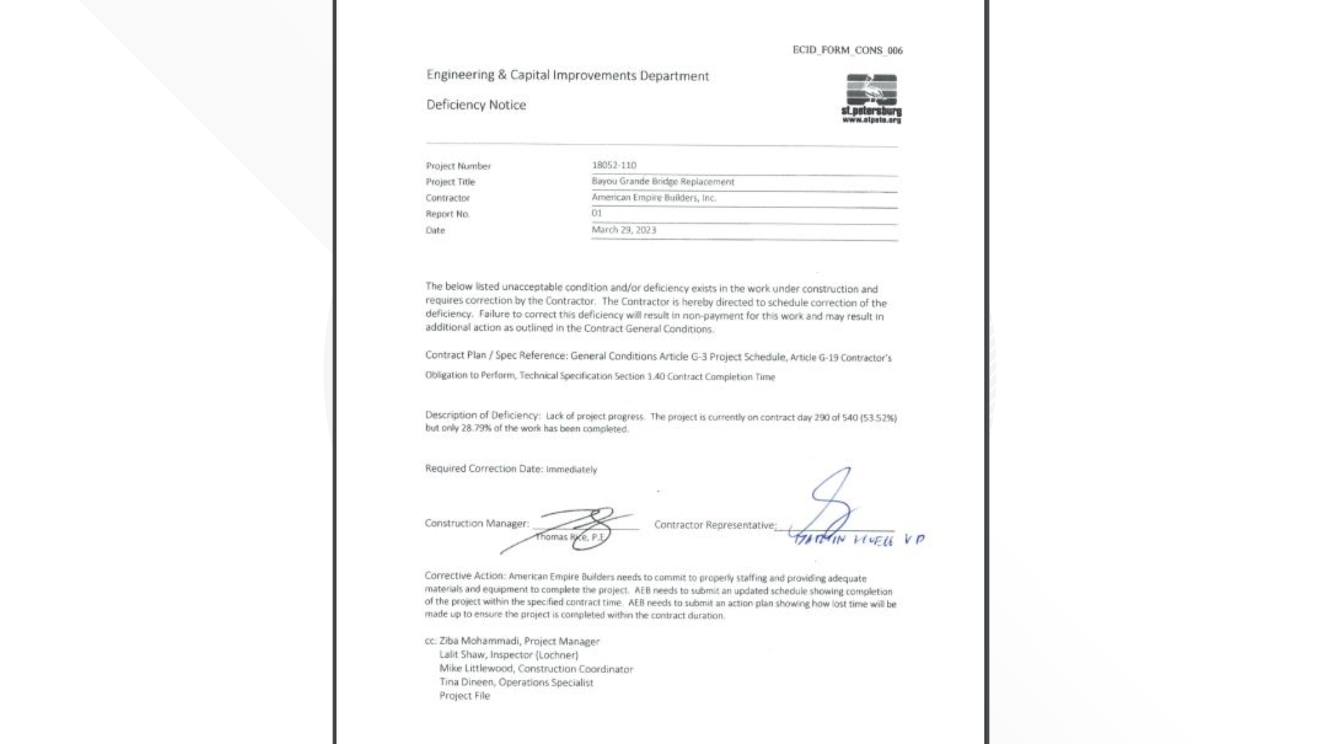 Tanglewood bridge construction issued notice of deficiency | wtsp.com