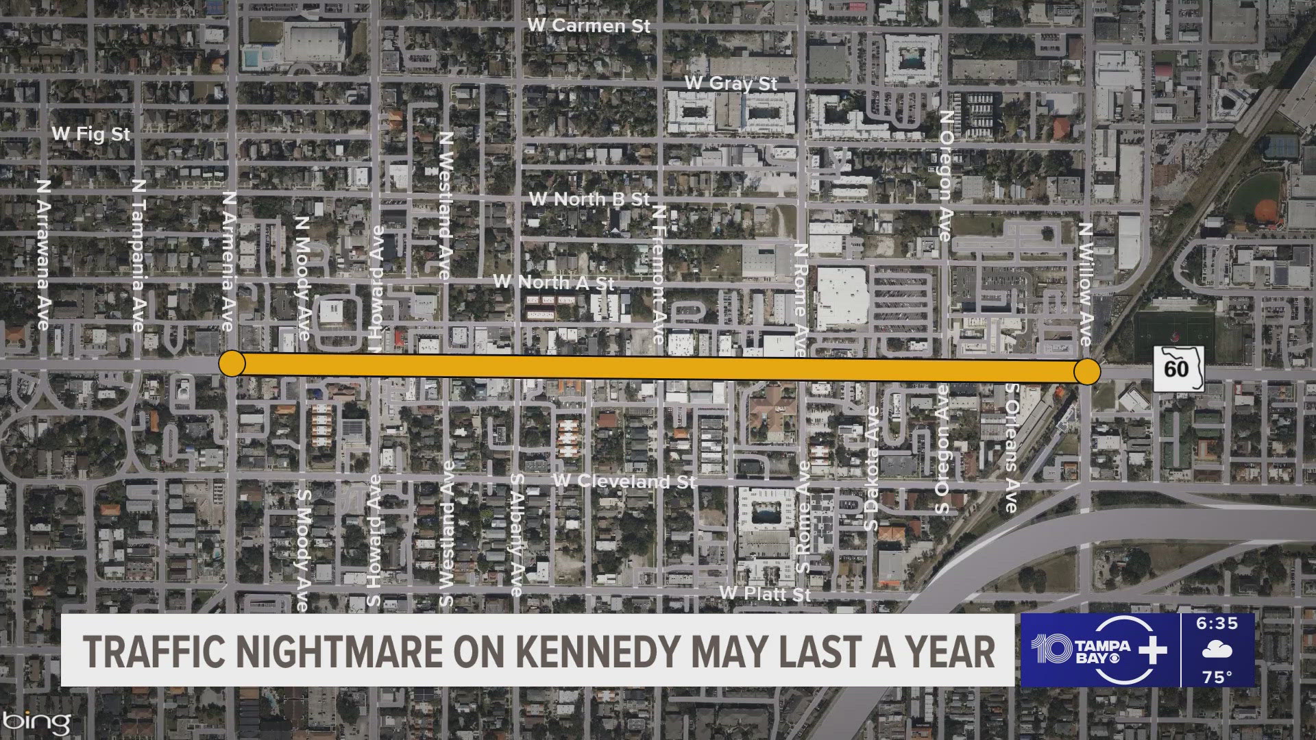 Year-long Kennedy Boulevard lane closures begin in Tampa | wtsp.com