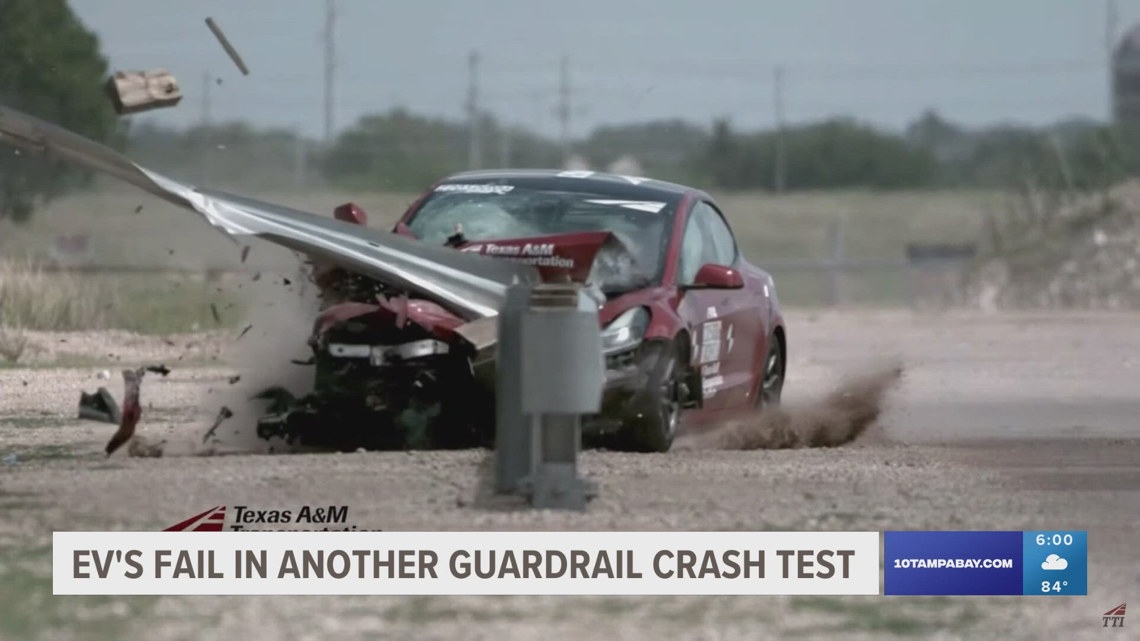 Electric vehicle breaks through 'robust' guardrail system in test ...