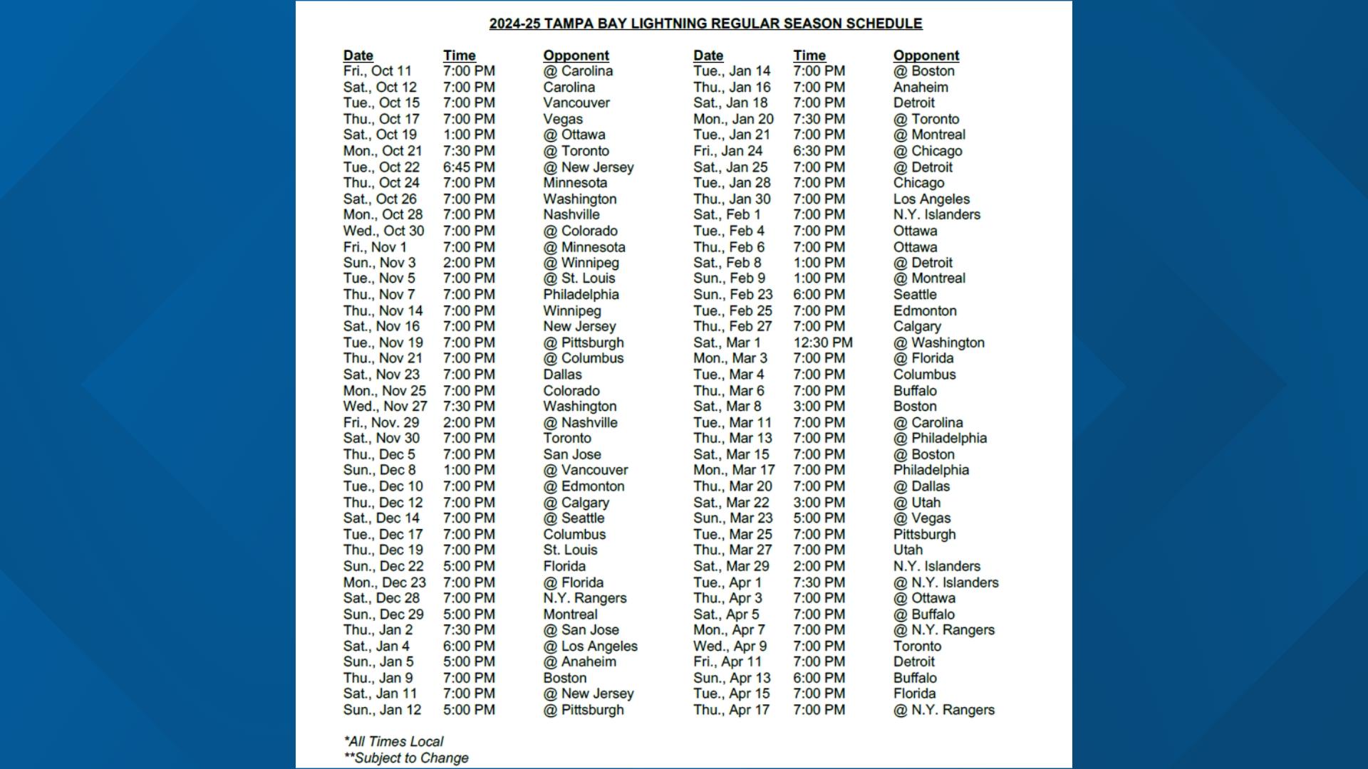 Tampa Bay Lightning announced their regular season schedule | wtsp.com