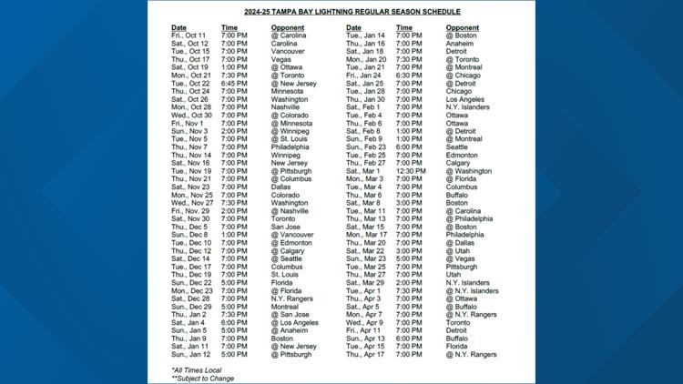 Tampa Bay Lightning announced their regular season schedule | wtsp.com