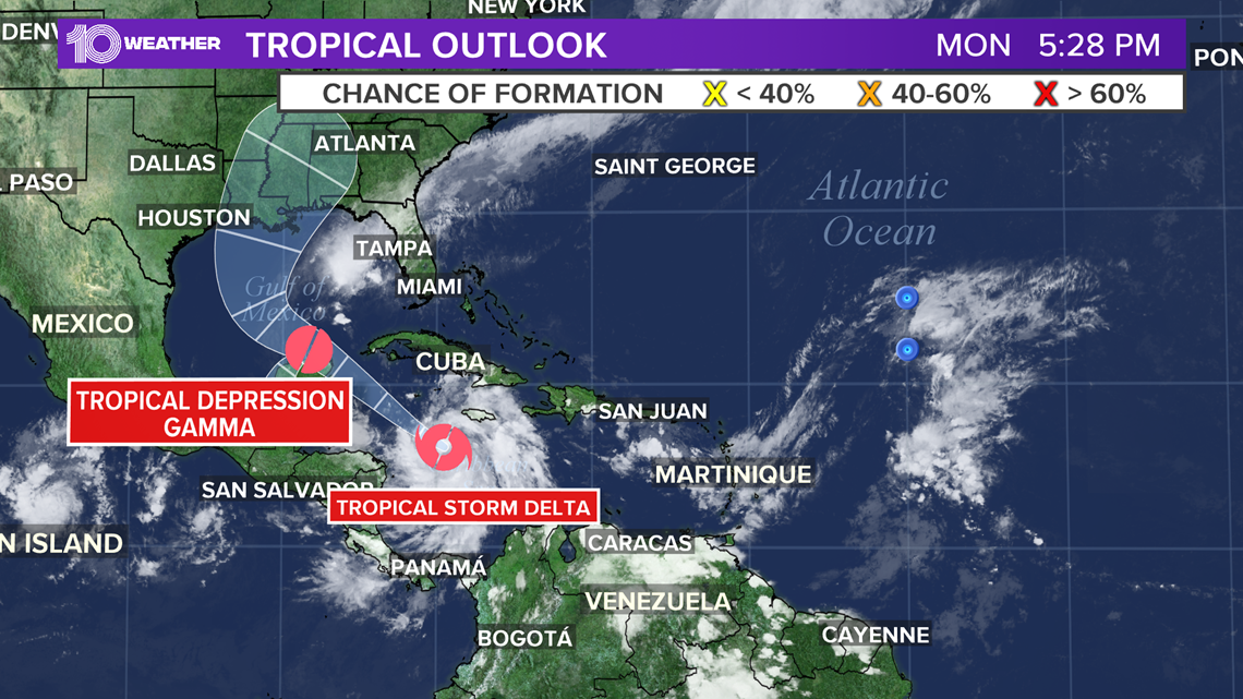 Tropical Storm Delta strengthens, while Gamma weakens Monday afternoon ...